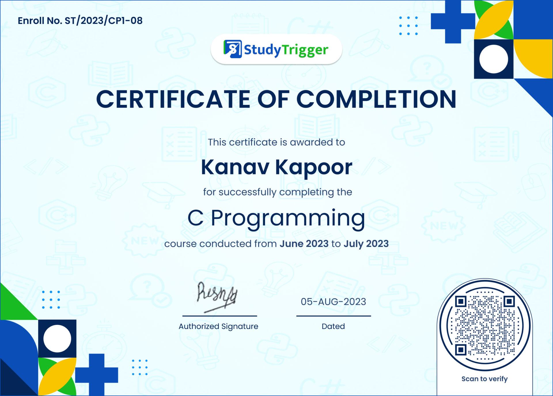 Kanav Kapoor certificate - Study Trigger