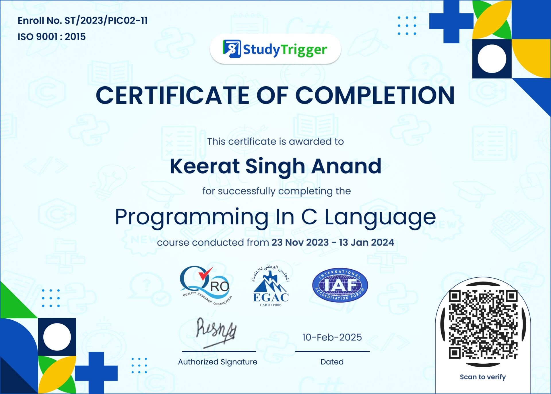 Keerat Singh Anand c language certificate - Study Trigger