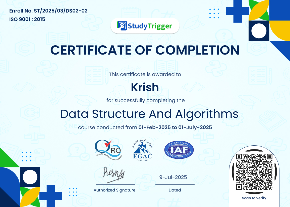 Krish Data Structure and Algorithms certificate - Study Trigger