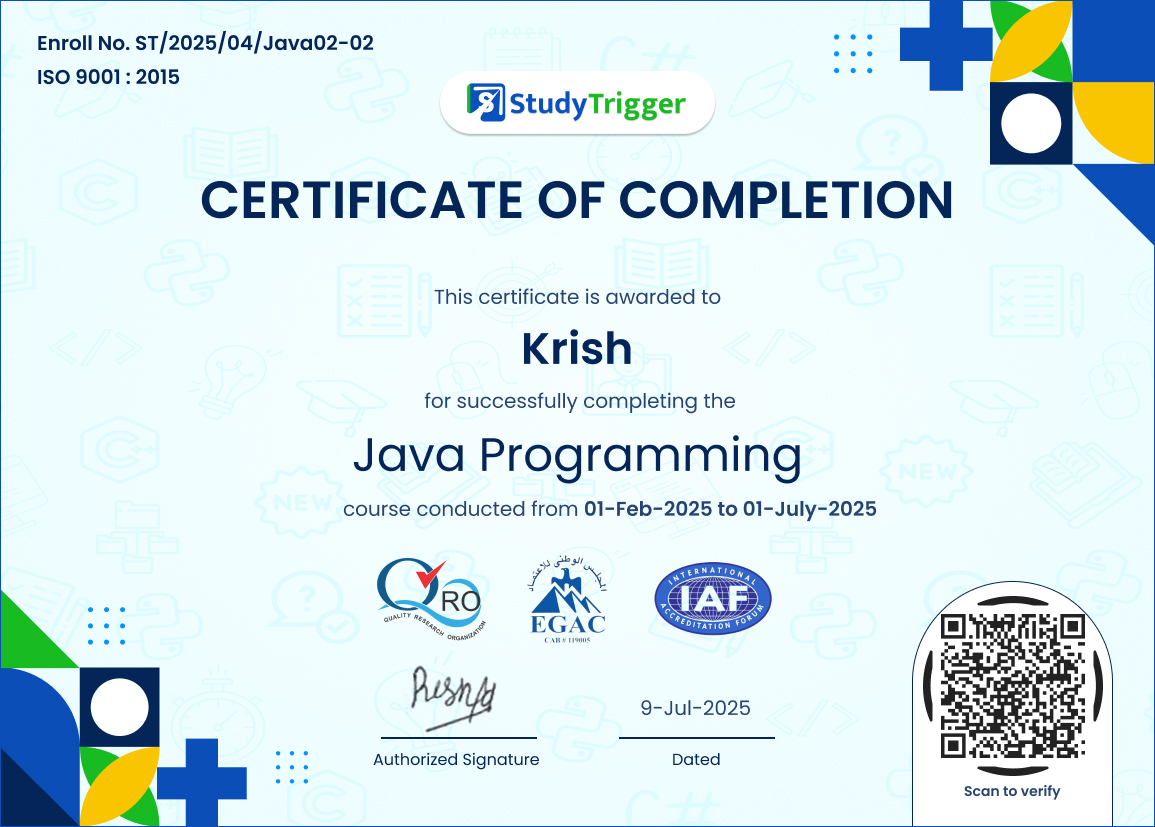 Krish Java Programming certificate - Study Trigger