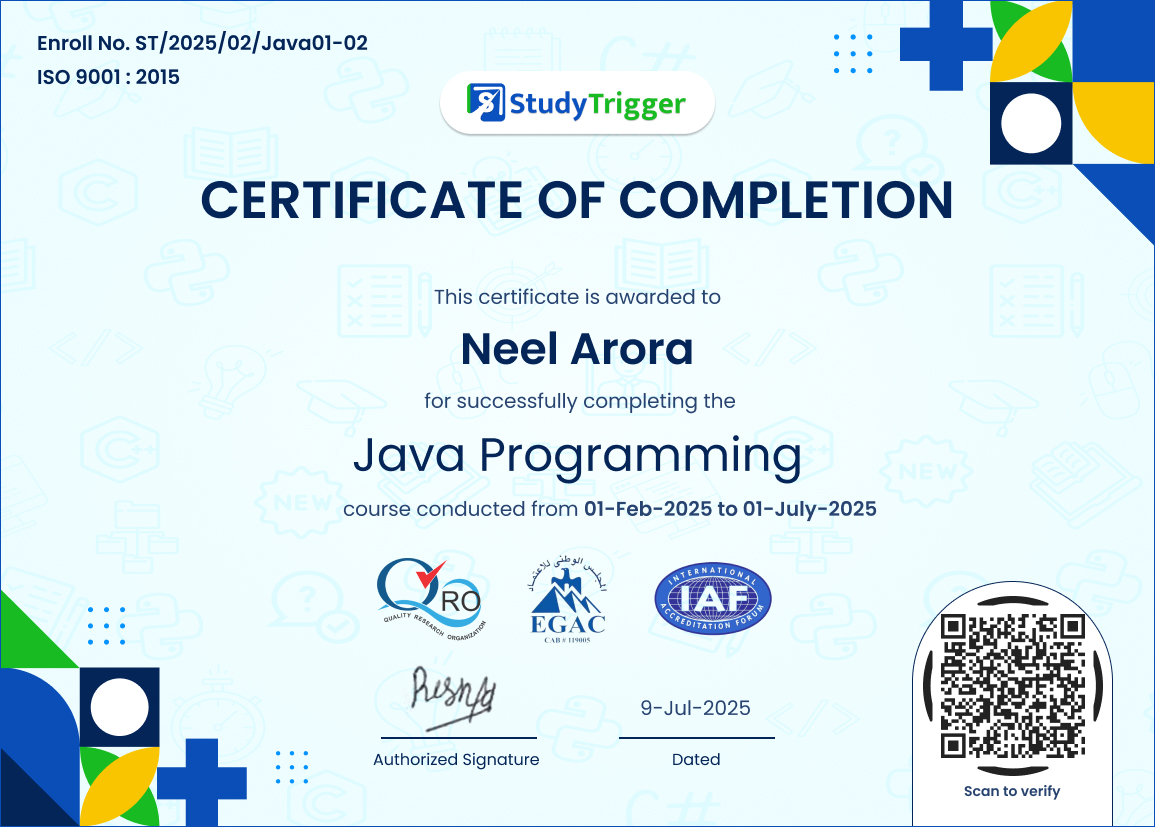 Neel Arora Java Programming certificate - Study Trigger