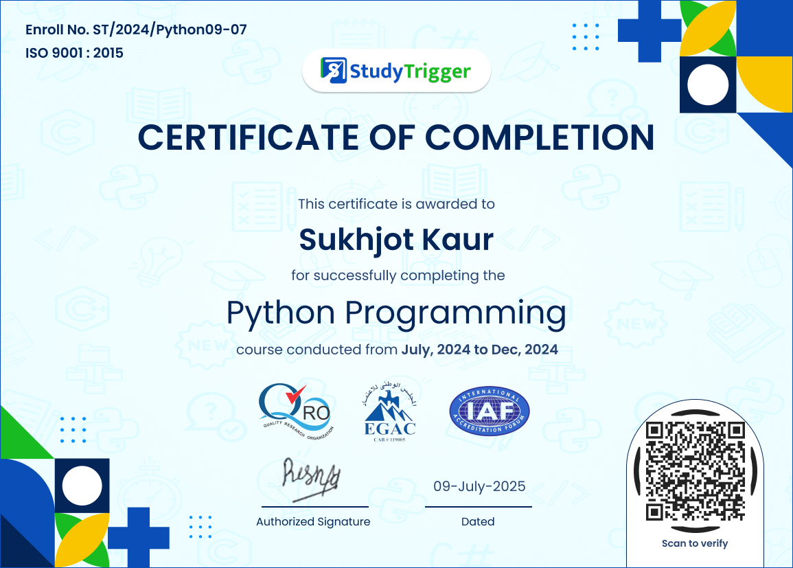 Sukhjot Kaur Python Programming certificat - Study Trigger