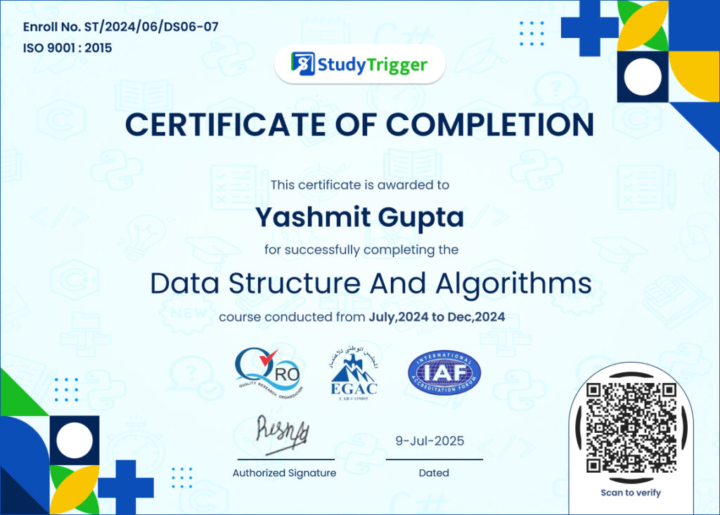 Yashmit Gupta Data Structure and Algorithms certificate - Study Trigger