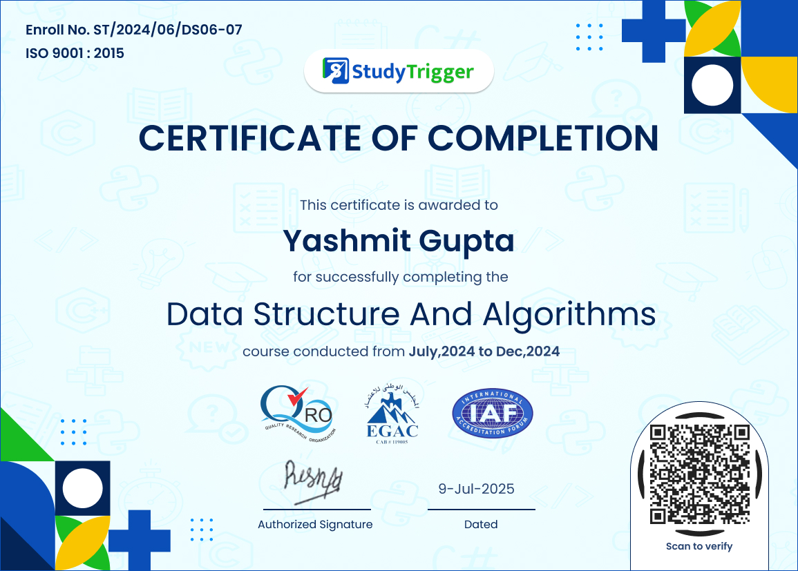 Yashmit Gupta Data Structure and Algorithms certificate - Study Trigger
