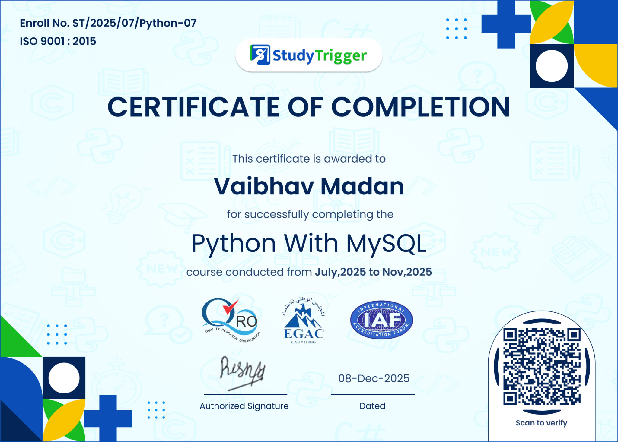 Vaibhav Maidan Python with MySQL - Study Trigger